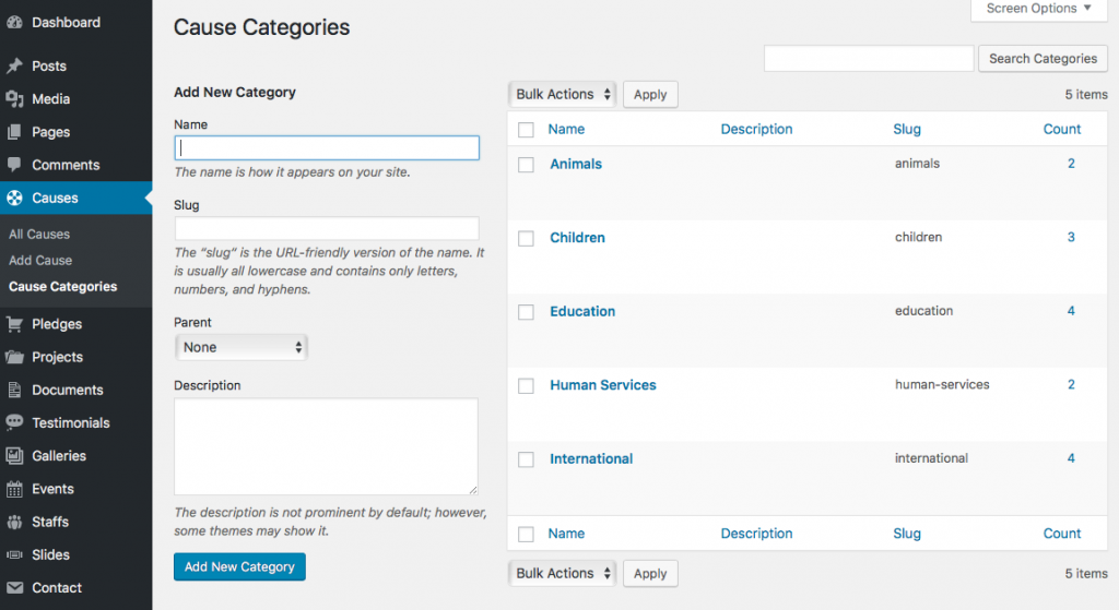 Cause Categories - WPlook Documentation